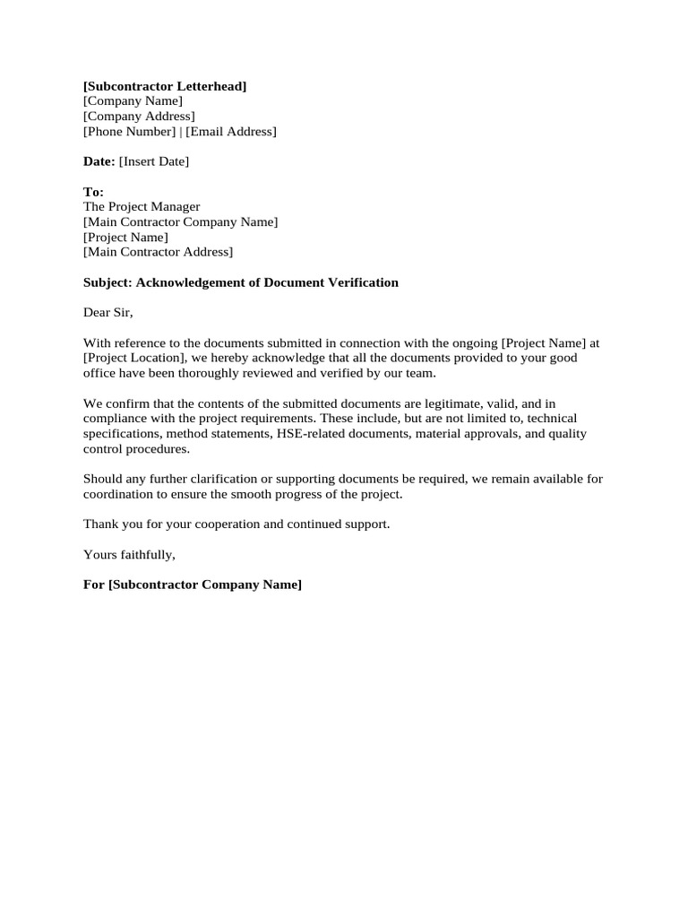 Subcontractor Acknowledgement Letter - Sample | PDF