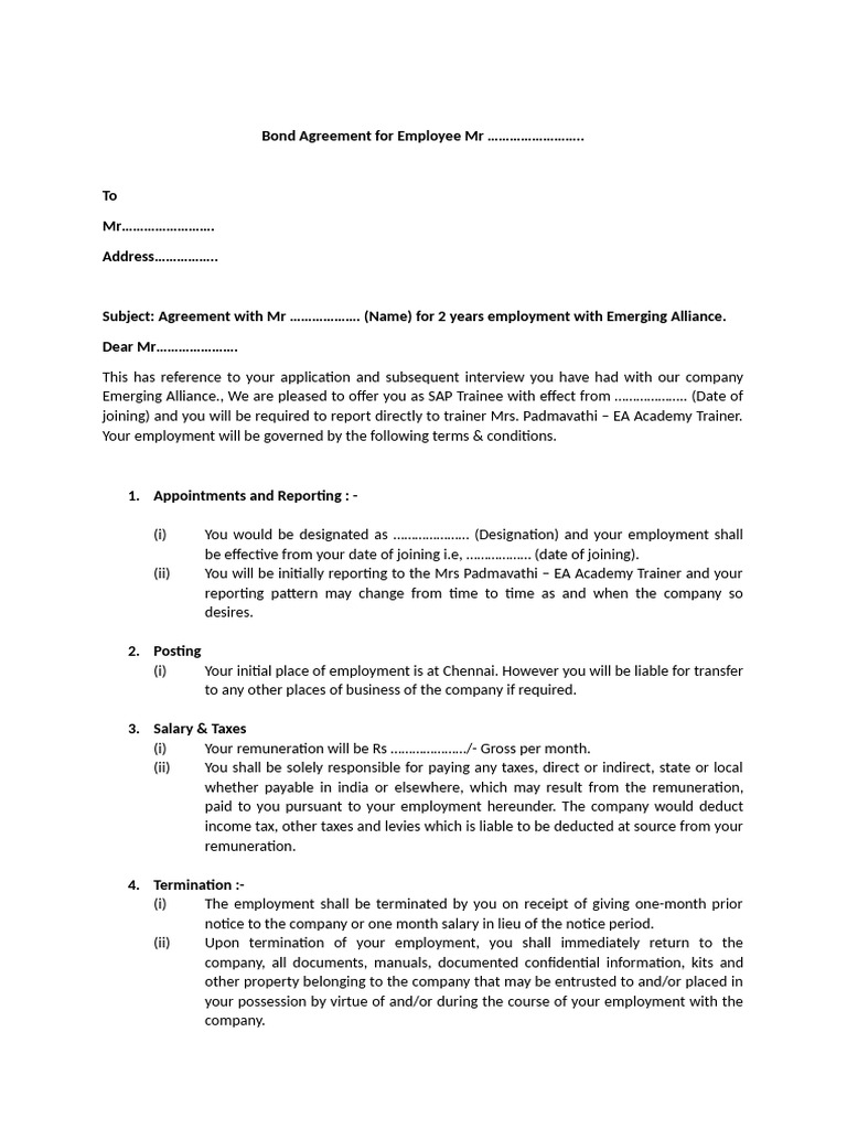 Employee Bond Agreement for 2 Years | PDF | Employment | Salary