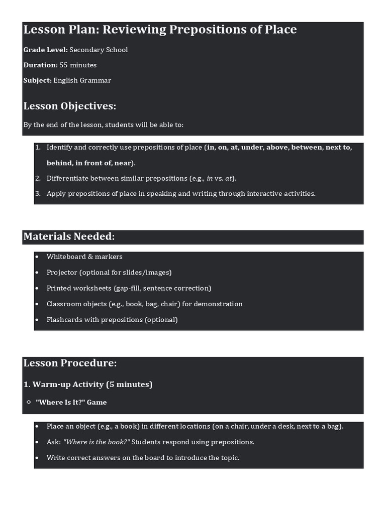 Prepositions of Place Lesson Plan | PDF | Human Communication | Learning