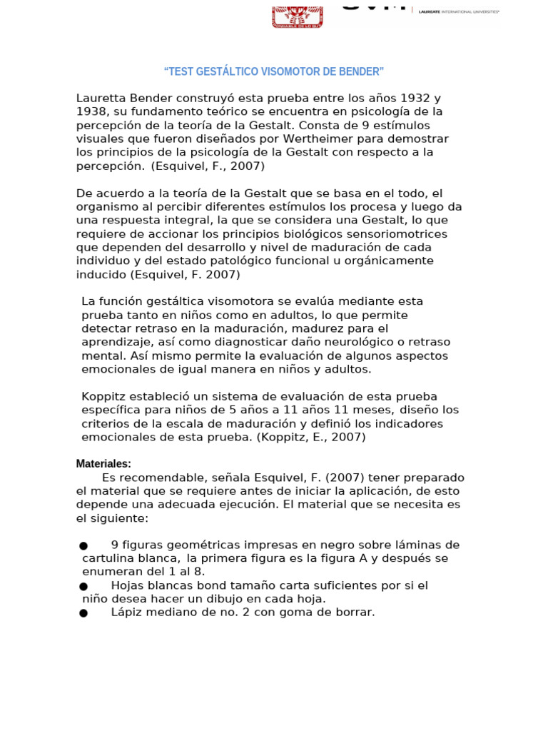 Test Gestáltico Visomotor de Bender | PDF | Sicología | Percepción