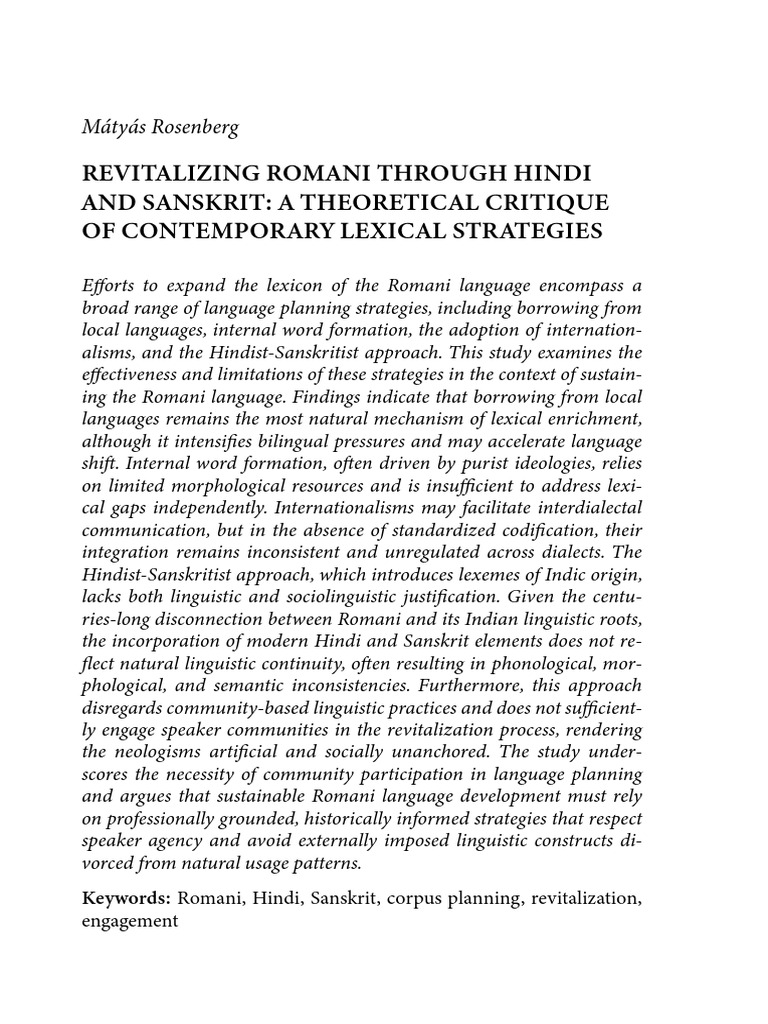 Rosenberg Mátyás: REVITALIZING ROMANI THROUGH HINDI AND SANSKRIT: A THEORETICAL CRITIQUE OF ...