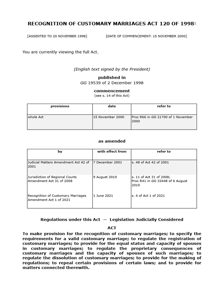 Recognition of Customary Marriages Act 120 of 1998 | PDF | Divorce ...