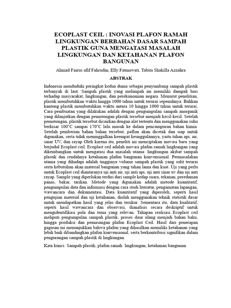 Abstrak - Elly Fatmawati - MAN 1 Lamongan - ECOPLAST CEIL INOVASI PLAFON | PDF