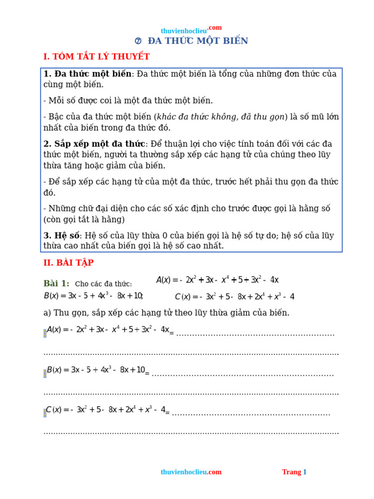 Bai Tap Toan Lop 7 DA THUC MOT BIEN | PDF