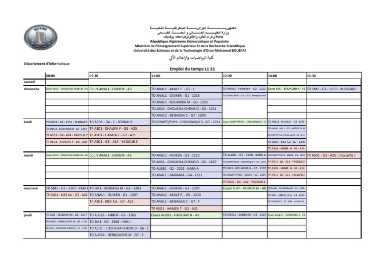 Emploi Du Temps L1 S1: Cours Asd1 - Choucha Chems D - A3 | PDF