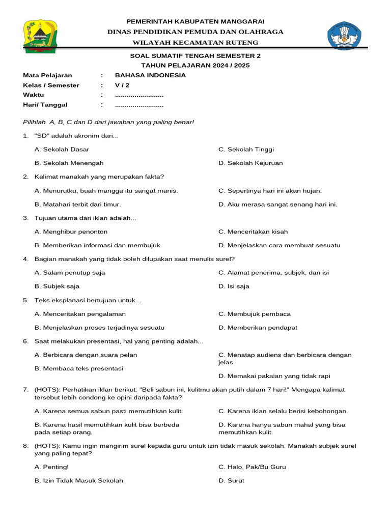 Soal Bahasa Indonesia Kelas 5 Sts - Agung Kurnia Roynaldus Ollo | PDF