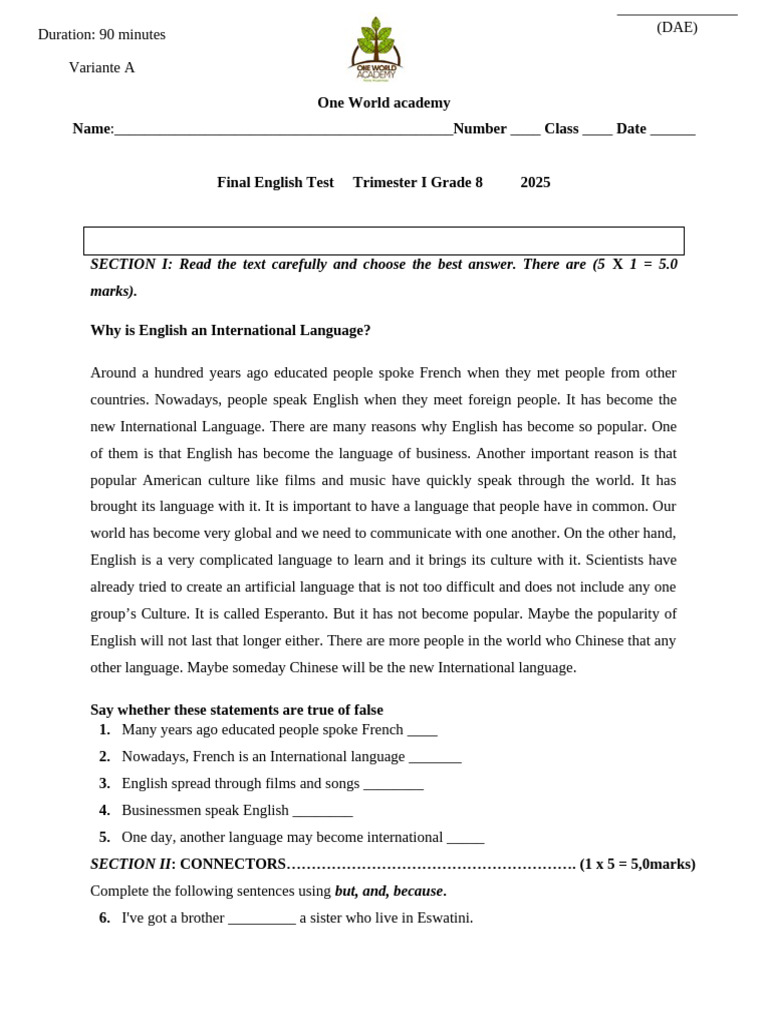 Grade 8 English Test: Global Language Insights | PDF | English Language ...
