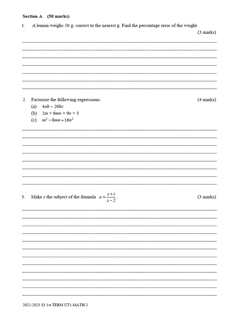 2022 2023 s3 1st Term Ut1 Math | PDF | Mathematics | Arithmetic