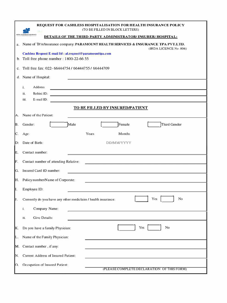Paramount Cashless Hospitalization Form | PDF