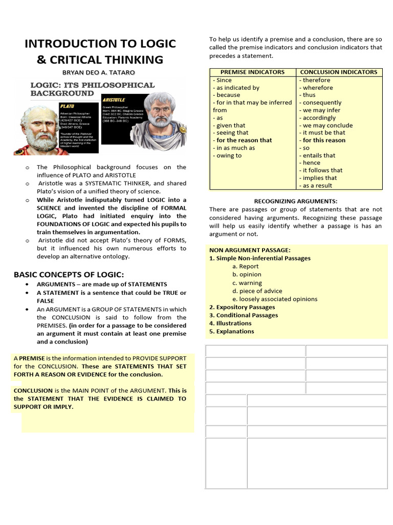 MIDTERMS REVIEWER PART 1 - MC-4 Logic and Critical Thinking - Bryan Deo A. Tataro | PDF ...