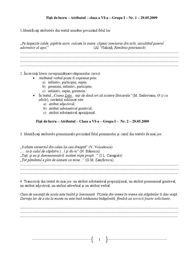 Atributul - Fisa de Lucru - Clasa VI-a! | PDF