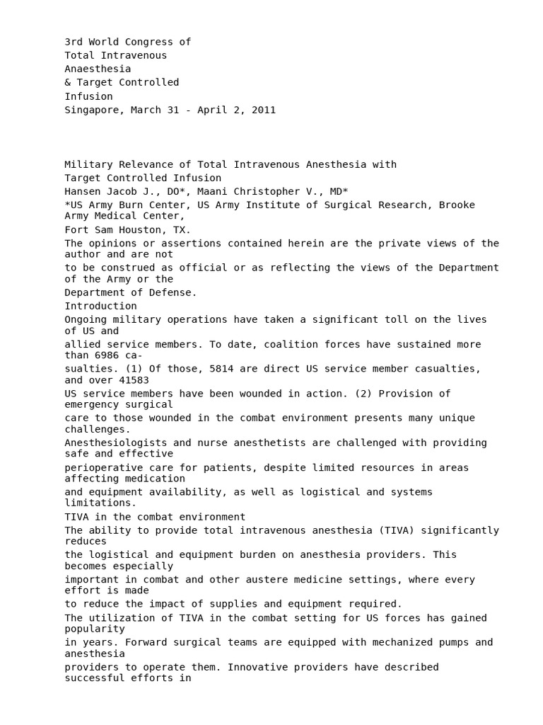 Military Relevance of Total Intravenous Anesthesia | PDF | Anesthesia ...
