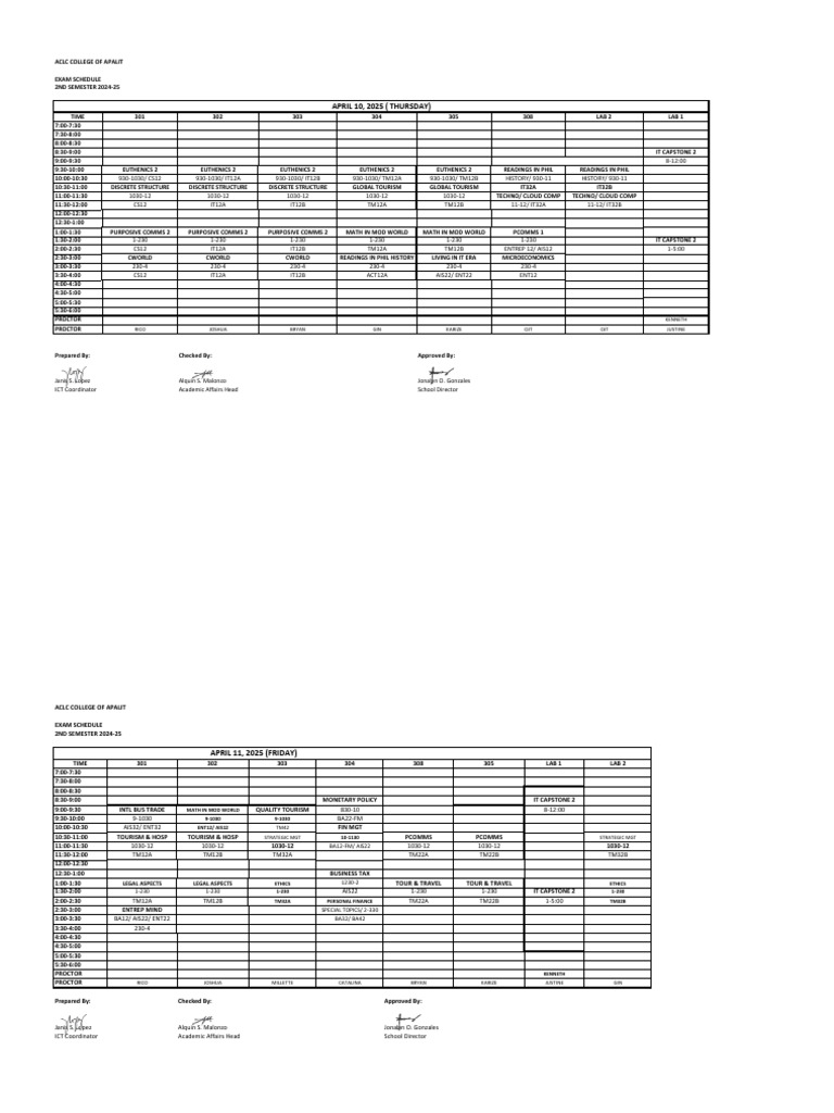 Schedule Prefinal Exam-1 | PDF