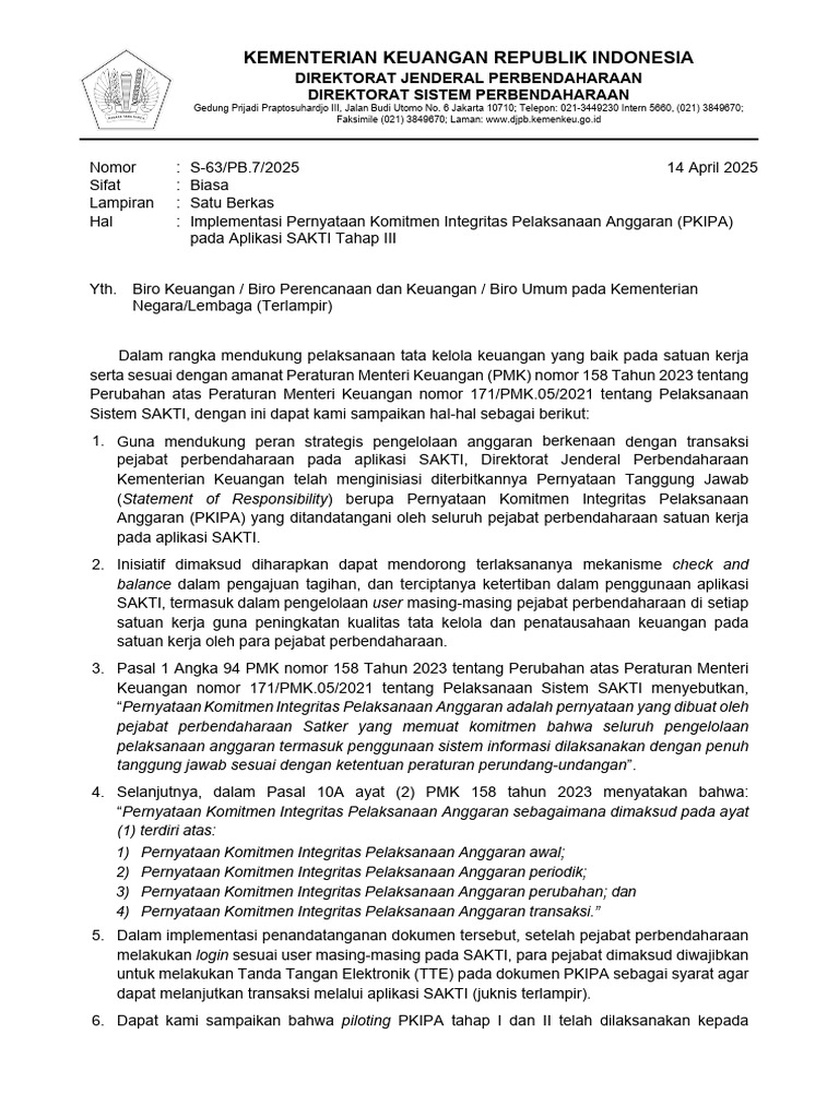 S-63 Implementasi Pernyataan Komitmen Integritas Pelaksanaan Anggaran ...