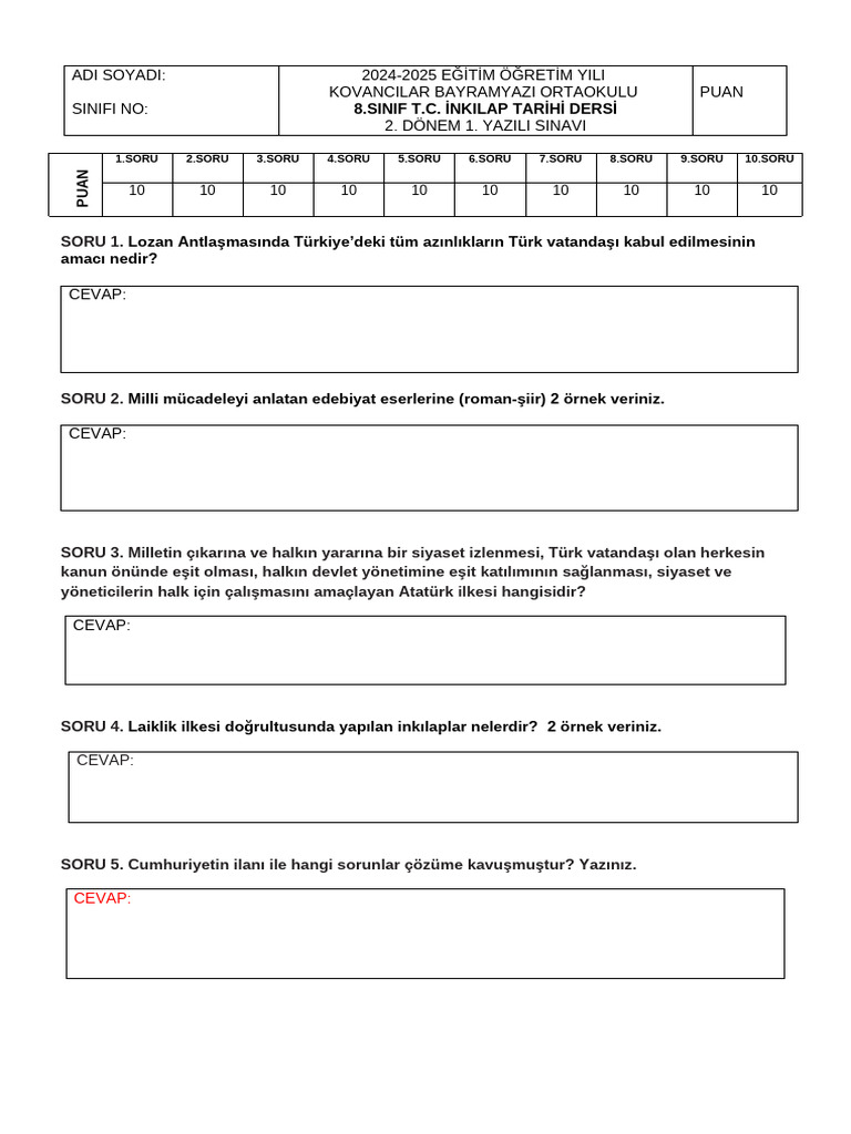2024 2025 8. Sinif T.C. Inkilap Tarihi 2.donem 1. Yazili 10 Soru | PDF