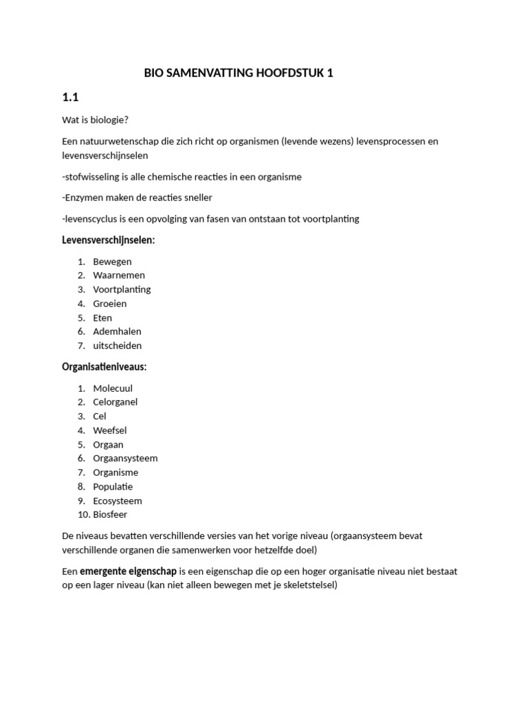 Bio Samenvatting Hoofdstuk 1 | PDF