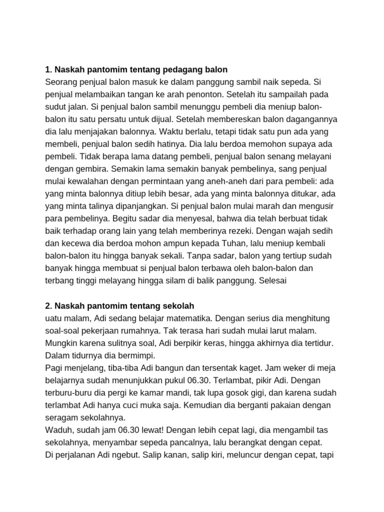 Naskah Pantomim: Pedagang Balon dan Sekolah | PDF