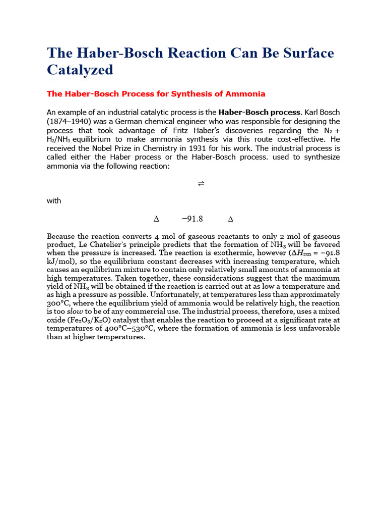 Surface Catalysis in Haber-Bosch Process | PDF | Ammonia | Chemical ...
