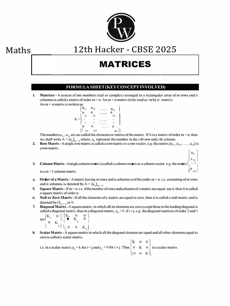 Class 12 Matrix Formulas Sheet | PDF | Matrix (Mathematics ...