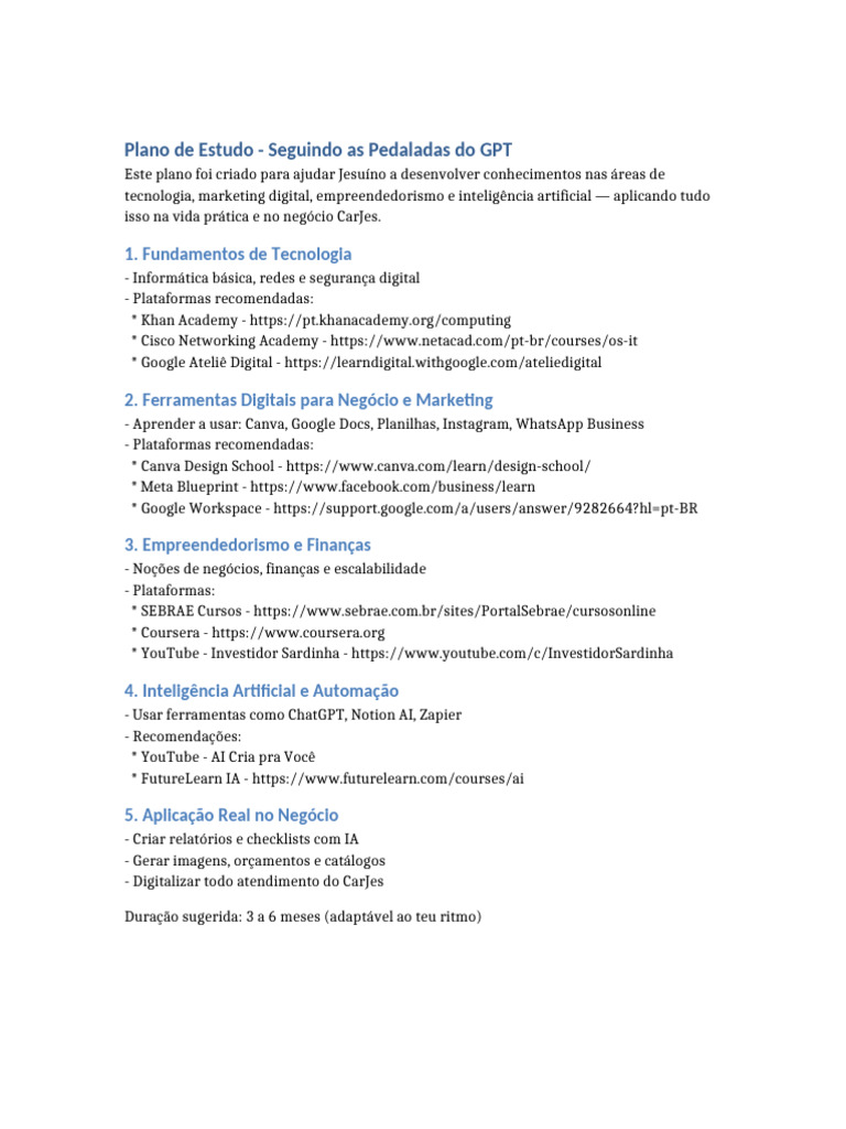 Plano Estudo Pedaladas GPT Jesusino | PDF