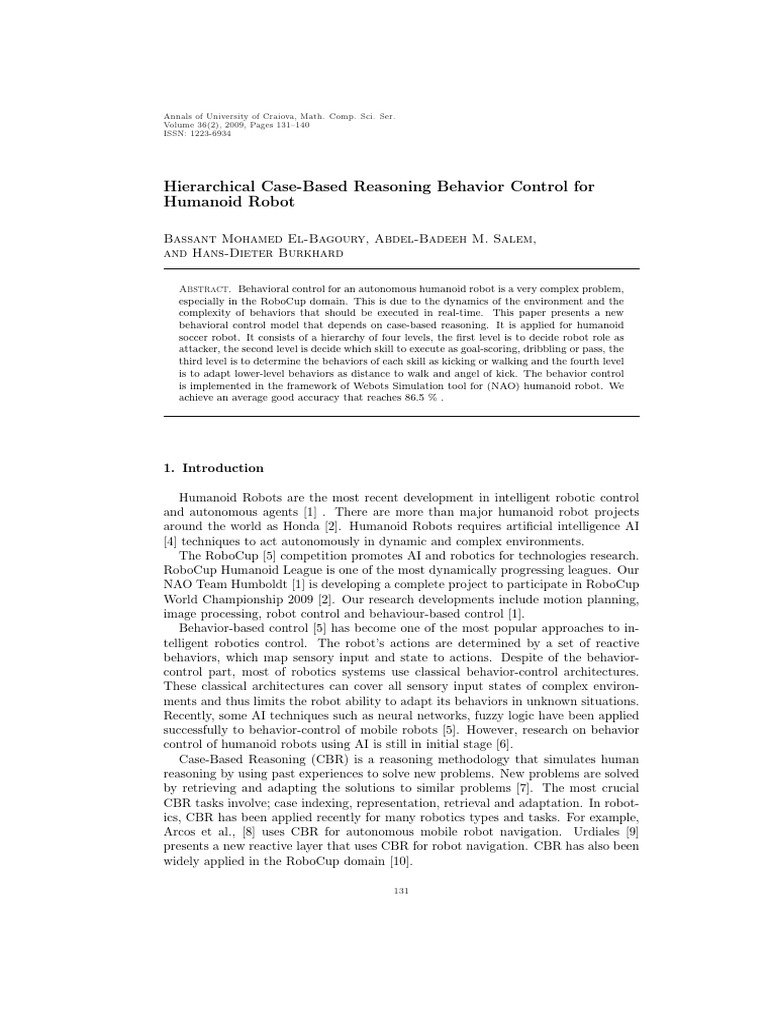 Hierarchical Case-Based Reasoning Behavior Control For Humanoid Robot | PDF