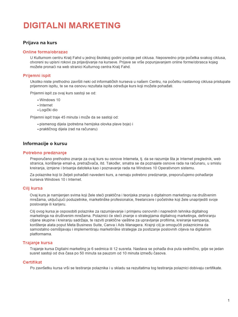 O kursu - Digitalni marketing | PDF