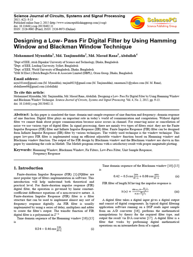 Designing A Low Pass Fir Digital Filter | PDF | Digital Signal Processing | Applied Mathematics