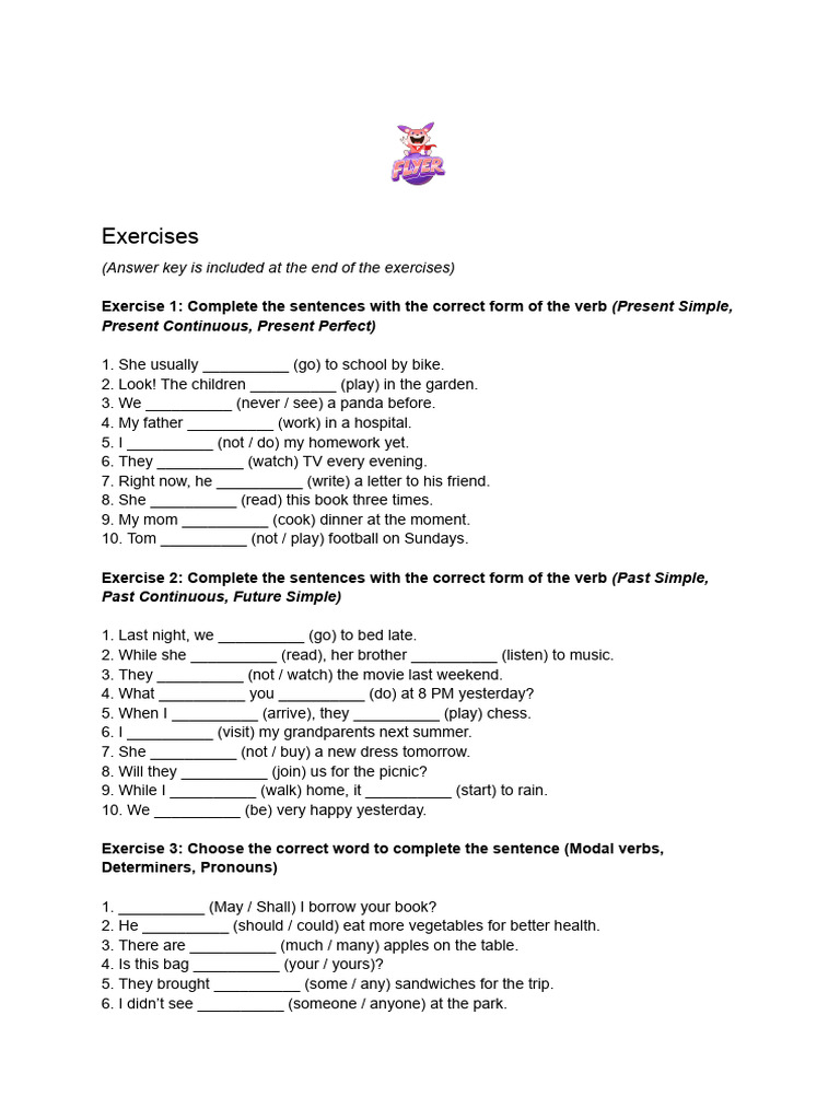 A2 Flyers Grammar Practice Exercises With Answer Key | PDF | Verb ...