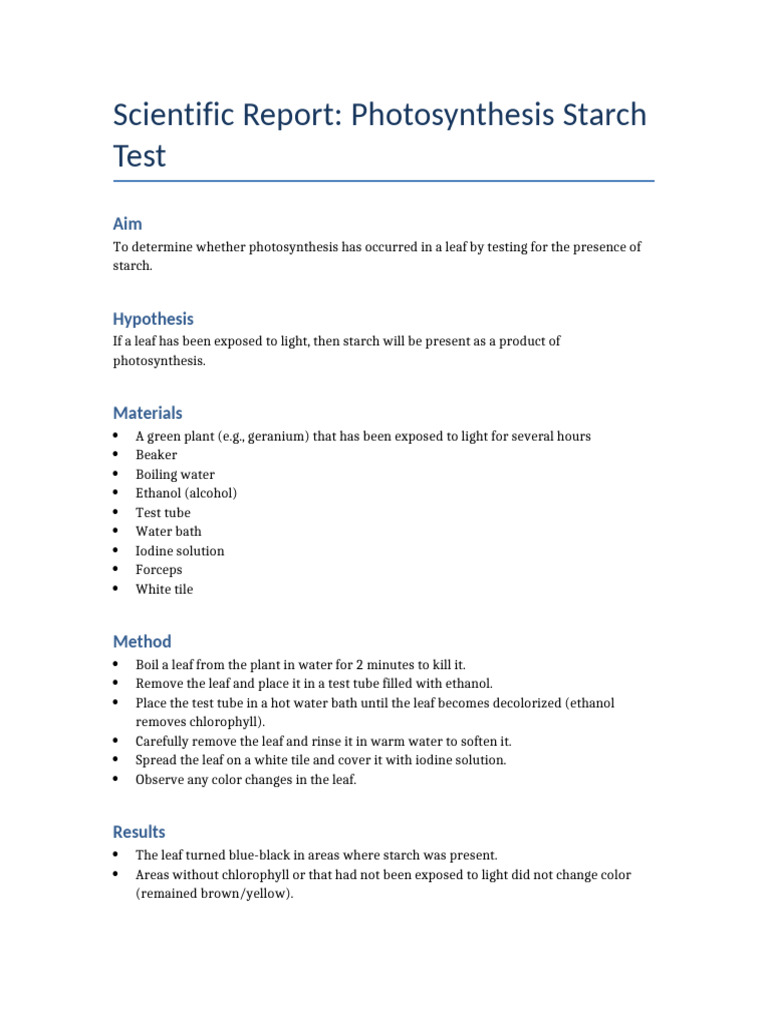 Photosynthesis Starch Test Report | PDF
