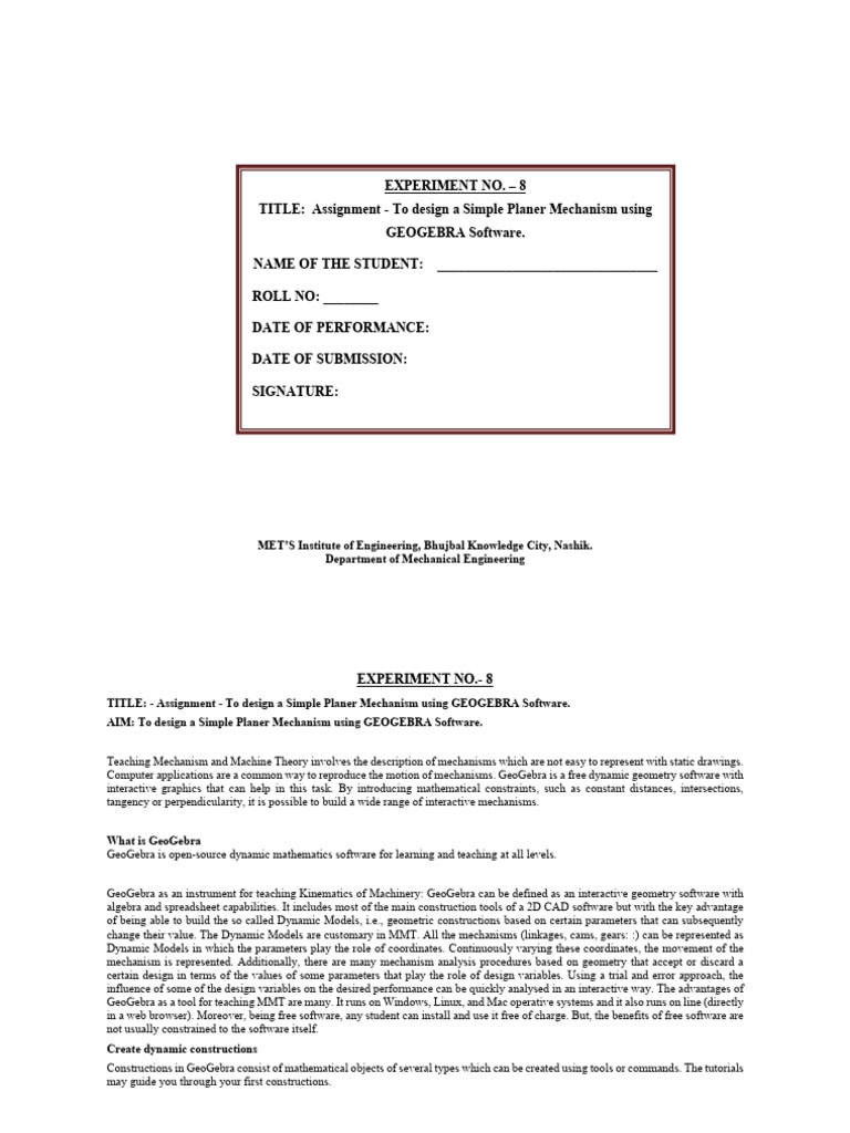 EXPERIMENT NO. 8 - ASSIGNMENT USING SOFTWARE - GEOGEBRA - Planer Mechanism | PDF | Menu ...