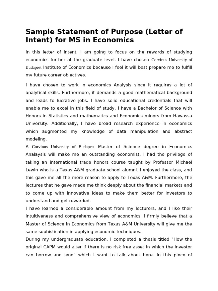 Statement of Purpose for MS in Economics | PDF | Economics | Master Of ...