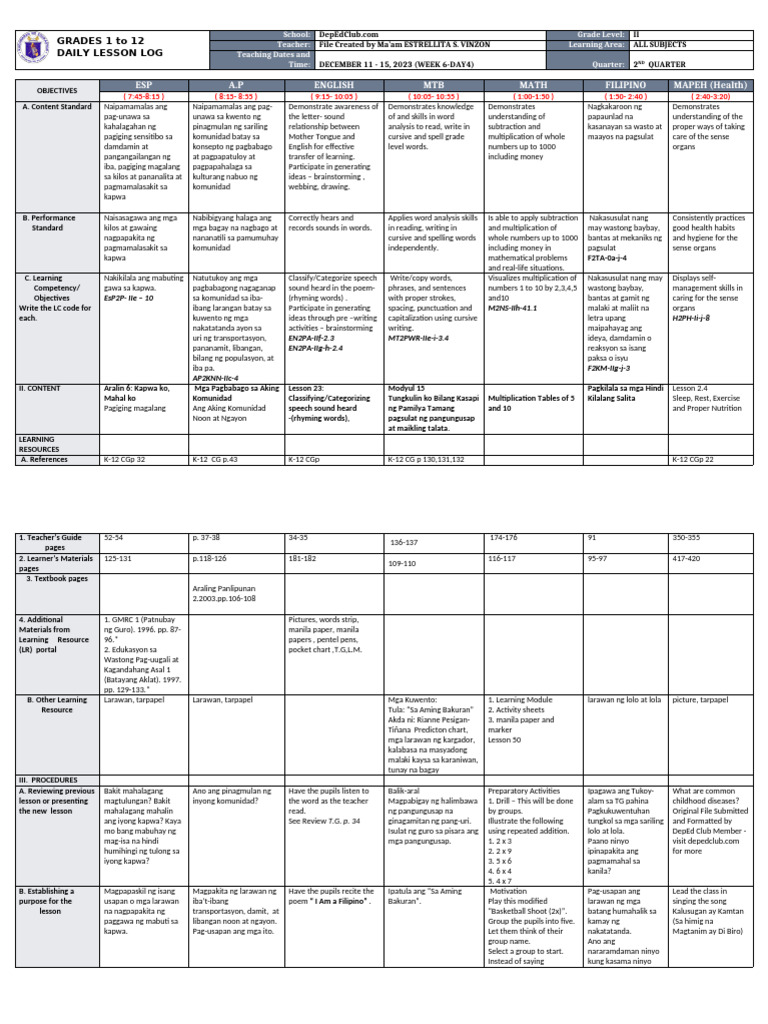 DLL - All Subjects 2 - Q2 - W6 - D4 | PDF