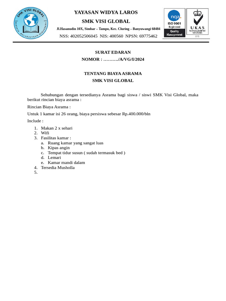Biaya Asrama SMK Visi Global 2024 | PDF
