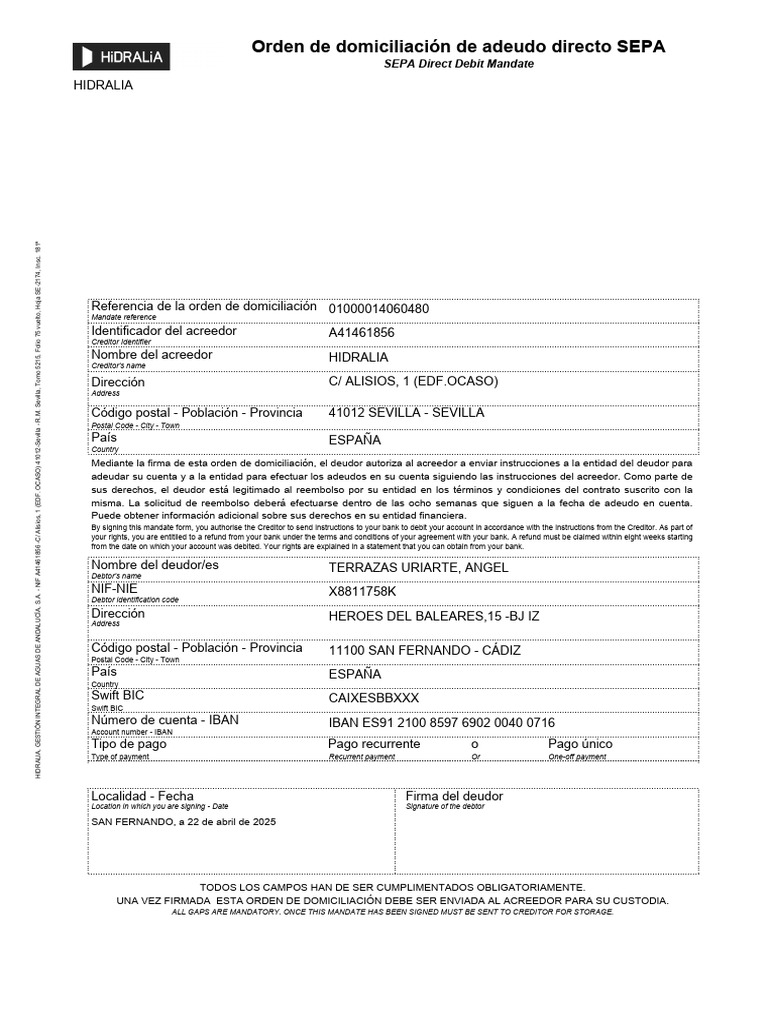 Orden de Domiciliación SEPA: Guía Completa | PDF