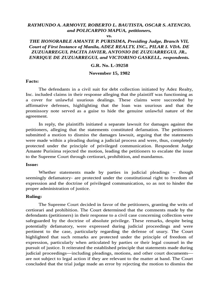 Armovit Vs Judge Purisima | PDF | Lawsuit | Defamation