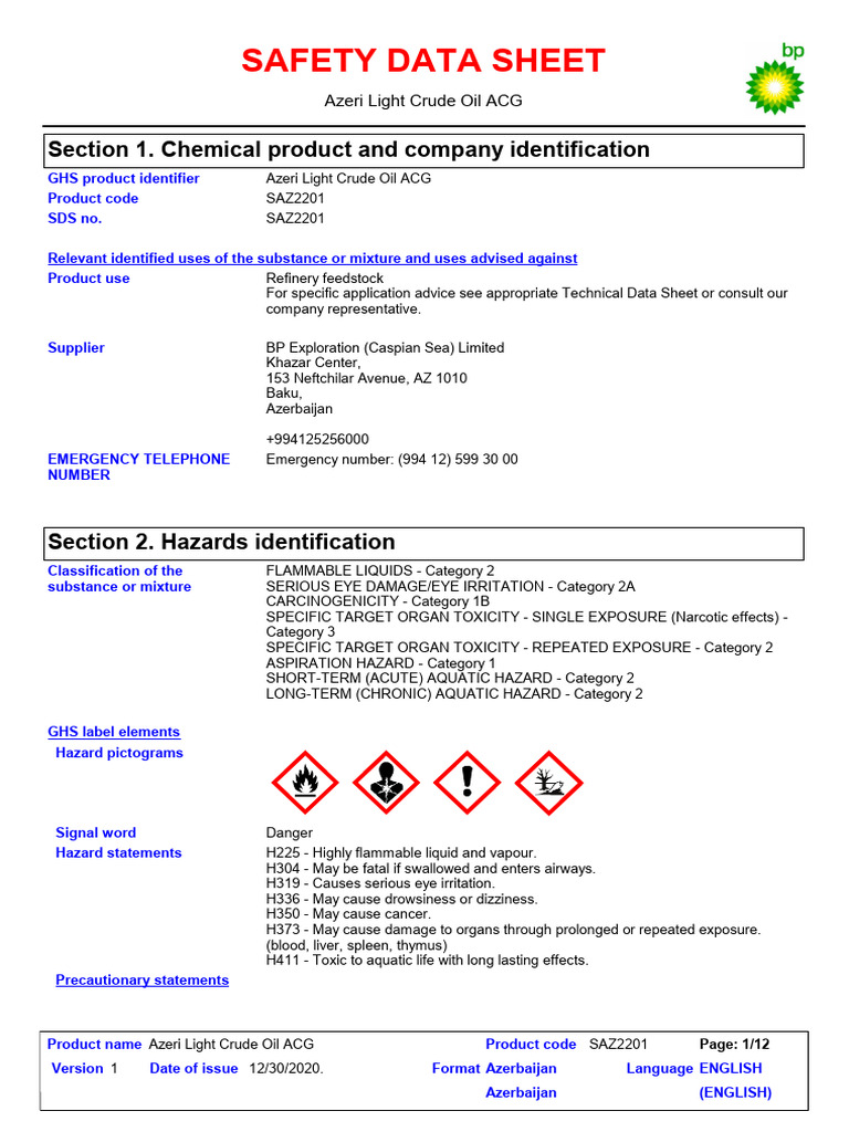 Azeri Light Crude Oil ACG | PDF | Personal Protective Equipment