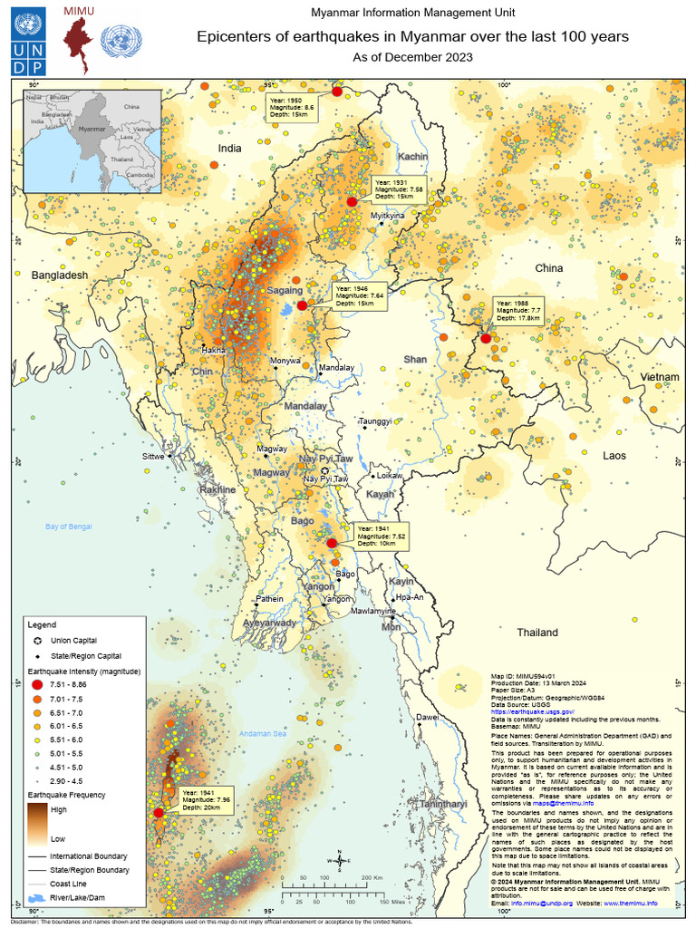 Affected Map - Epicentres of Earthquakes in Myanmar Over The Last 100 ...
