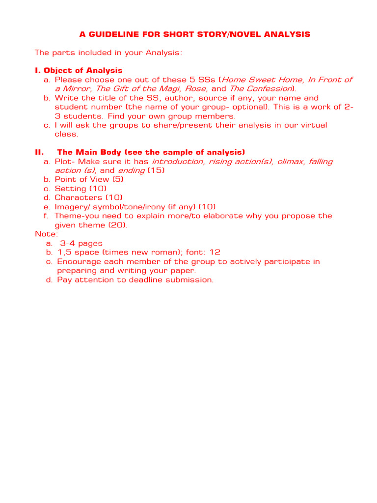 Short Story Analysis Guidelines | PDF