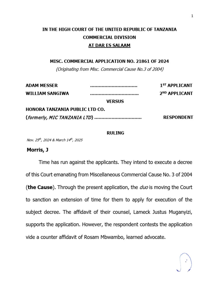 Adam Messer and Another Versus Honora Tanzania Public Limited Company ...