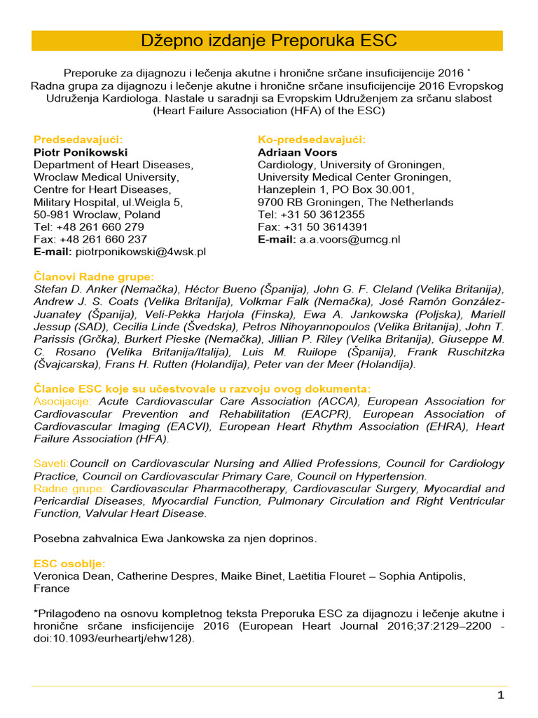 Preporuke Za Dijagnozu I Lečenja Akutne I Hronične Srčane Insuficijencije 2016 | PDF
