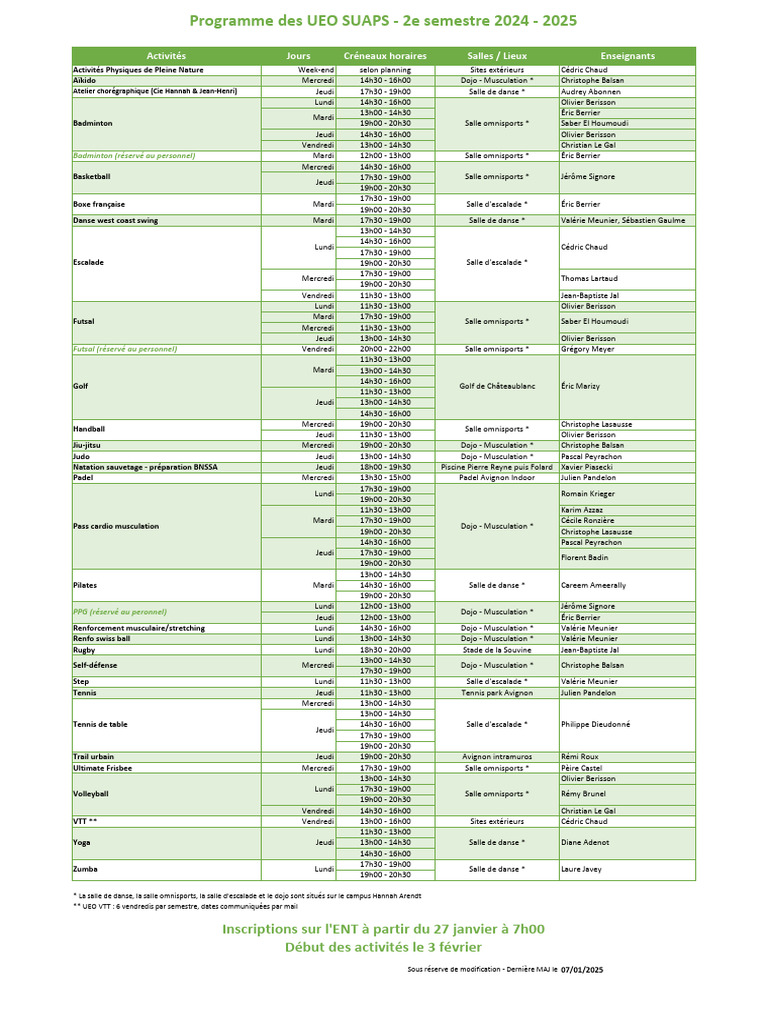 UEO SUAPS 2024-2025 : Activités et Horaires | PDF | Exercice physique