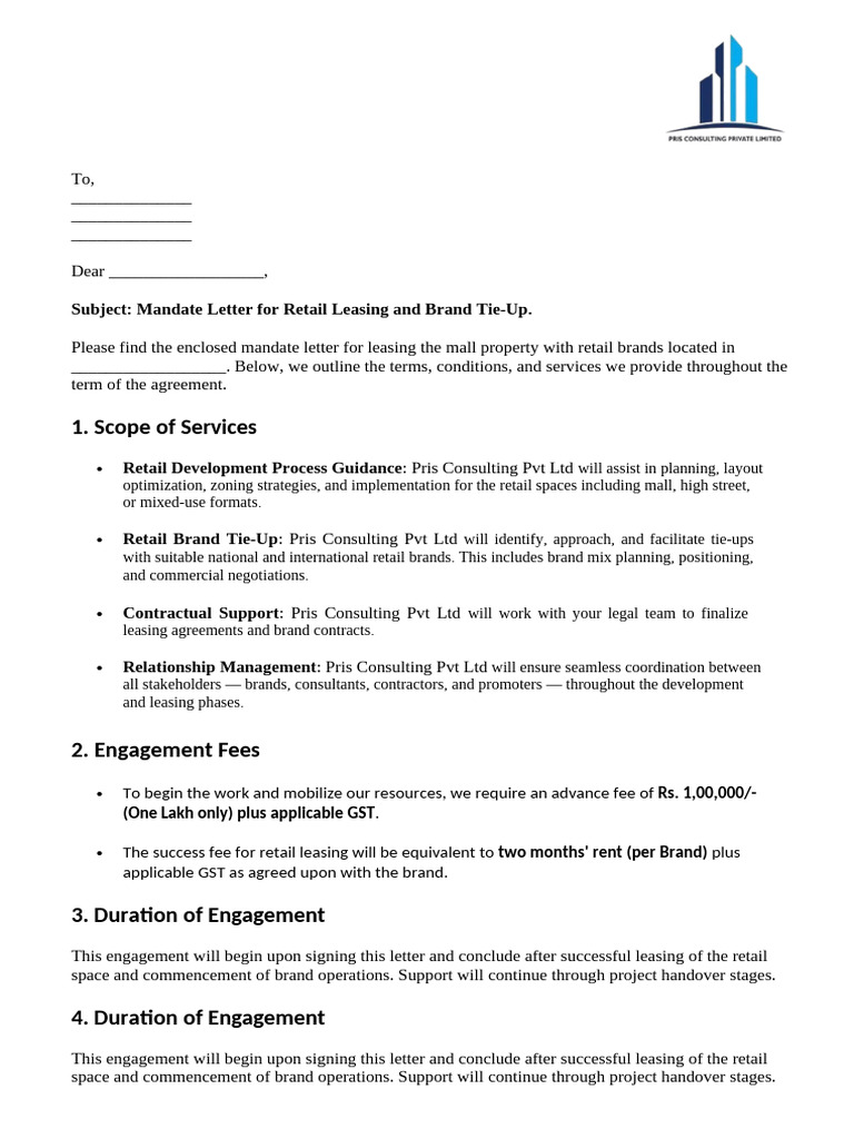 Scope of Services: Subject: Mandate Letter For Retail Leasing and Brand ...