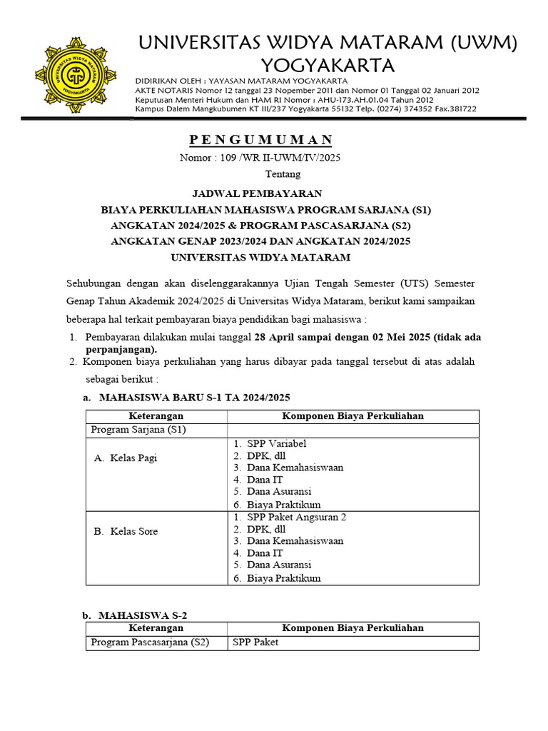 109 WR II Uwm 2025 IV Pengumuman Jadwal Pembayaran Biaya Perkuliahan Mahasiswa Program s1 & s2 ...