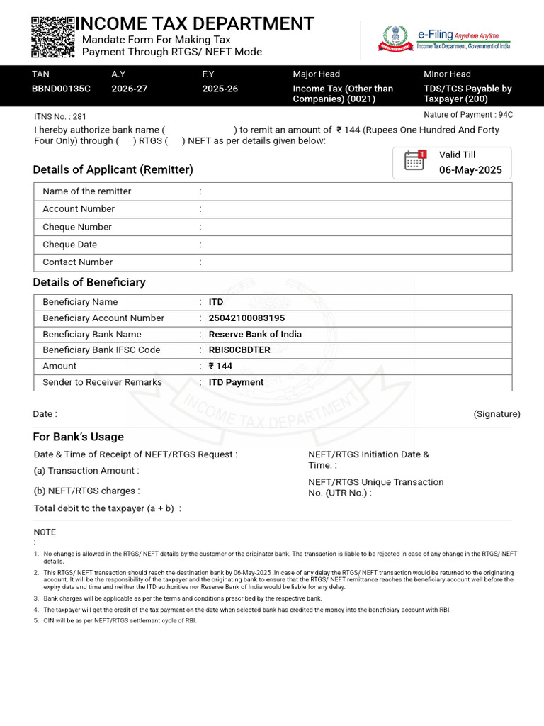 Income Tax RTGS/NEFT Payment Form | PDF | Banking Technology | Personal Finance