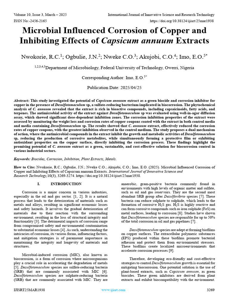 Microbial Influenced Corrosion of Copper and Inhibiting Effects of Capsicum Annuum Extracts ...