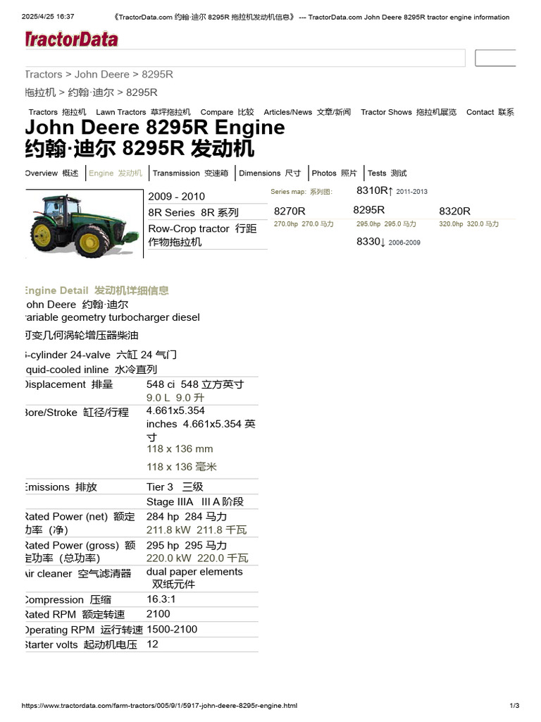 《TractorData.com 约翰·迪尔 8295R 拖拉机发动机信息》 - TractorData.com John Deere ...