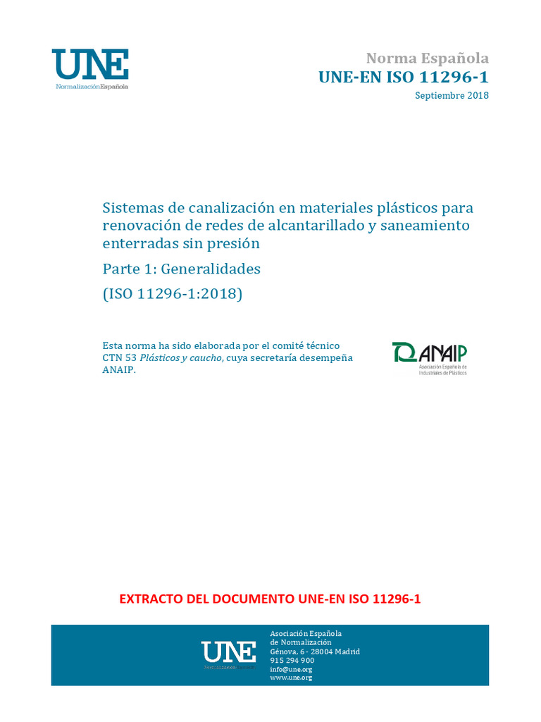 (Ex) Une-En Iso 11296-1 2018 | PDF | Alcantarillado | Materiales