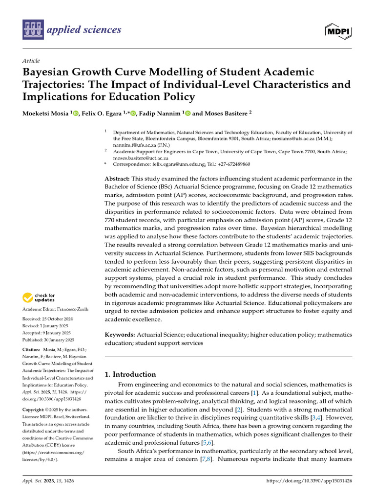 Bayesian Growth Curve Modelling of Student Academic - Mosia2025 | PDF | Socioeconomic Status ...