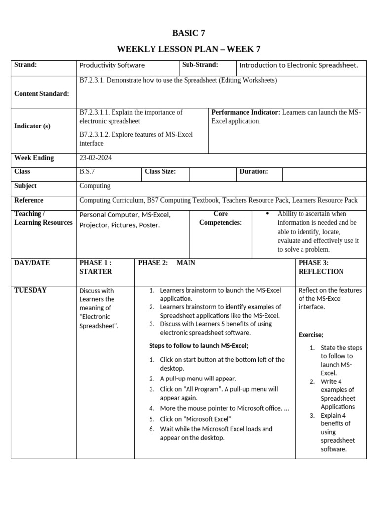 Electronic Spreadsheet Lesson Plan | PDF | Microsoft Excel | Spreadsheet