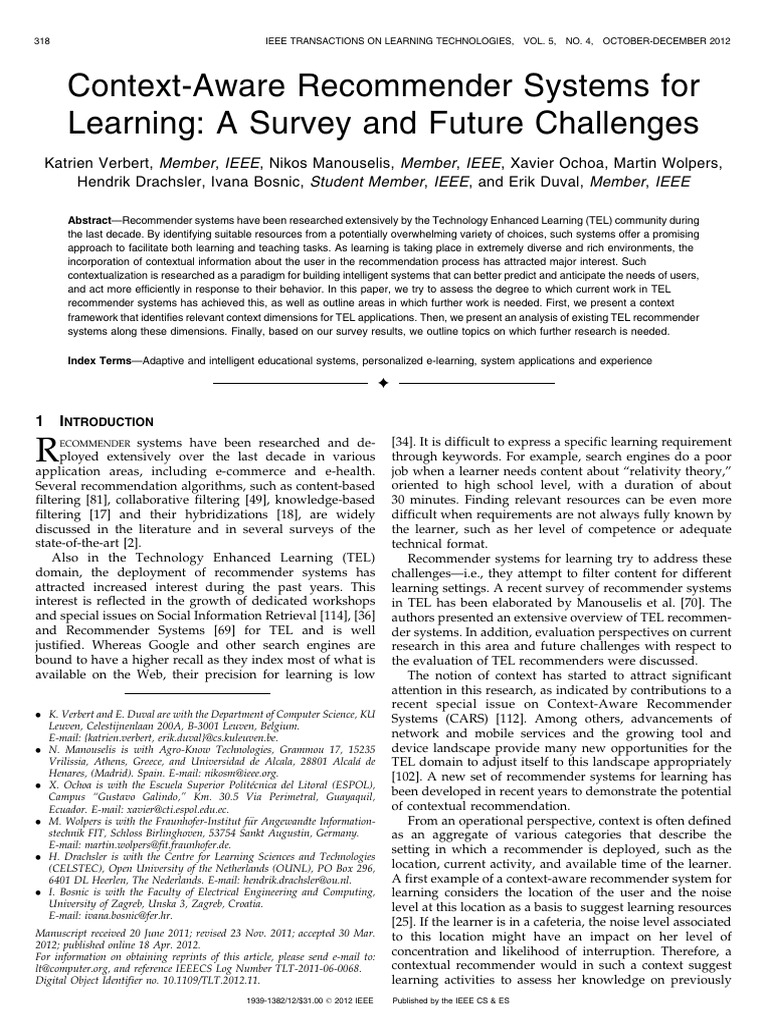 Context-Aware Recommender Systems For Learning A Survey and Future Challenges | PDF | Learning ...